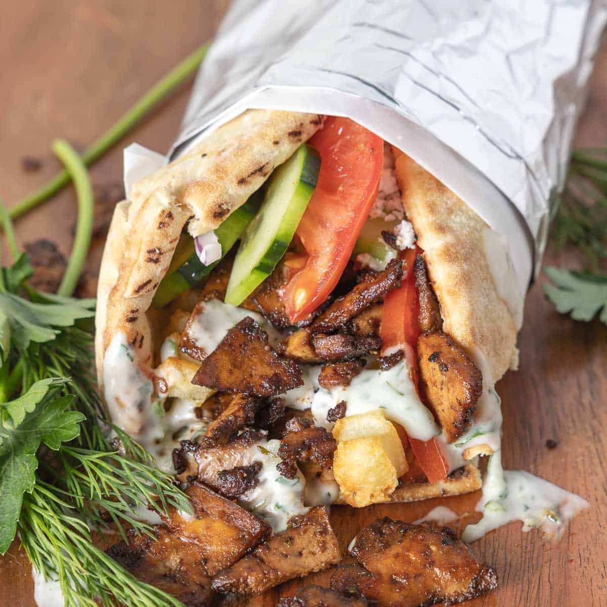 Shaved Tofu Gyros with Creamy Vegan Tzatziki